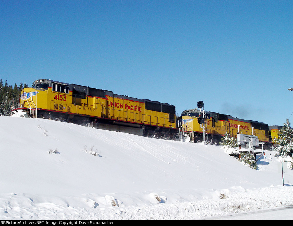 UP 4153 departs Truckee for Donner Pass on a brilliant winter day.